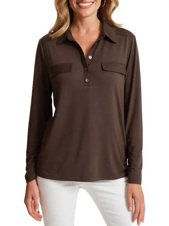 Tommy Bahama Kauai Woven Trim Henley Shirt - Double Chocolate