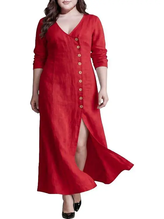STANDARDS & PRACTICES Button Front Slit Maxi Dress - Red