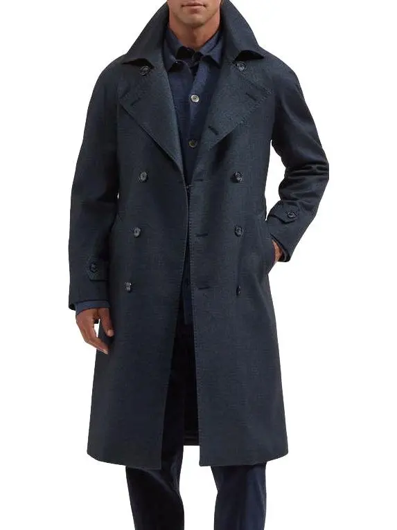 Bugatchi Cotton Double Breasted Herringbone Weave Coat - Midnight