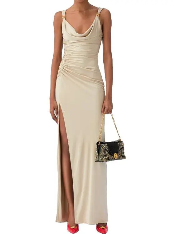 Versace Draped Liquid Jersey Gown With Medusa Hardware - Mastic