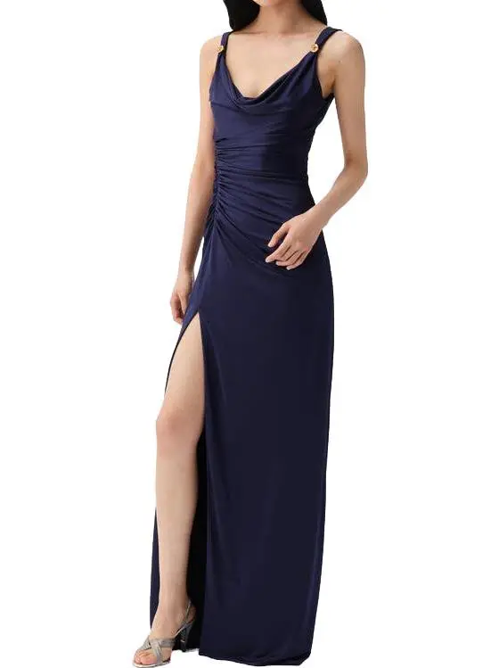Versace Draped Liquid Jersey Gown With Medusa Hardware - Navy