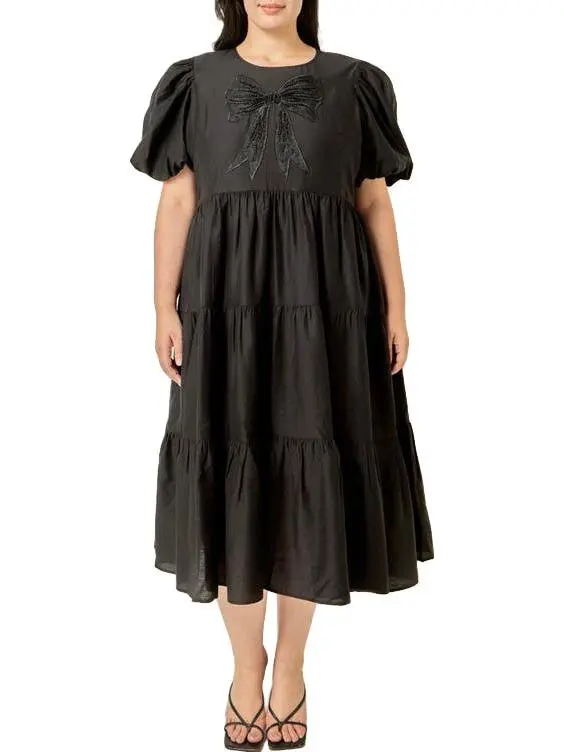 English Factory Bow Puff Sleeve Tiered Midi Dress - Black