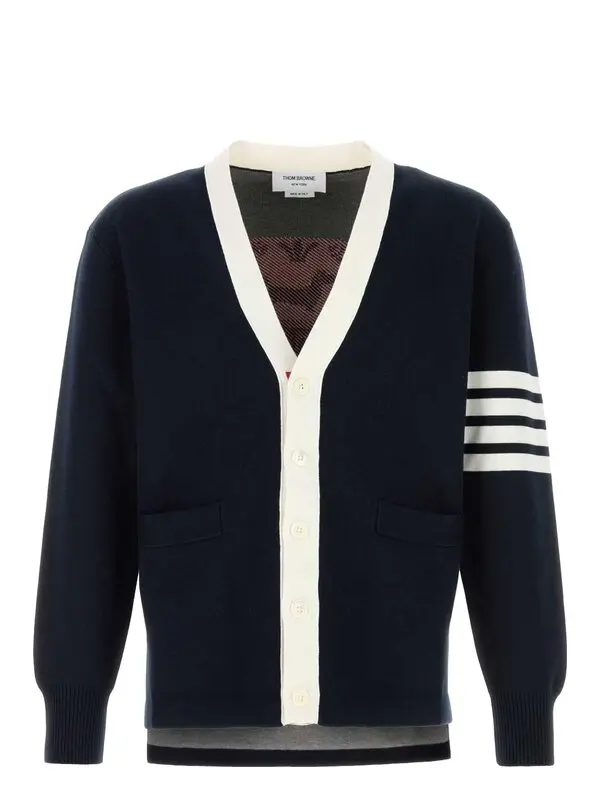 Thom Browne Midnight Cotton Blend Cardigan With Ribbed Details - Blue