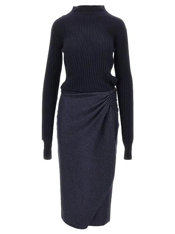 Pinko Knitted Midi Dress With Pinstriped Skirt - Blue
