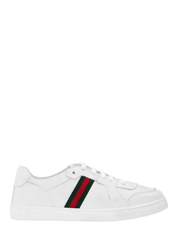 Gucci Low Top Lace Up Leather Sneakers With Web Stripe Detail - White