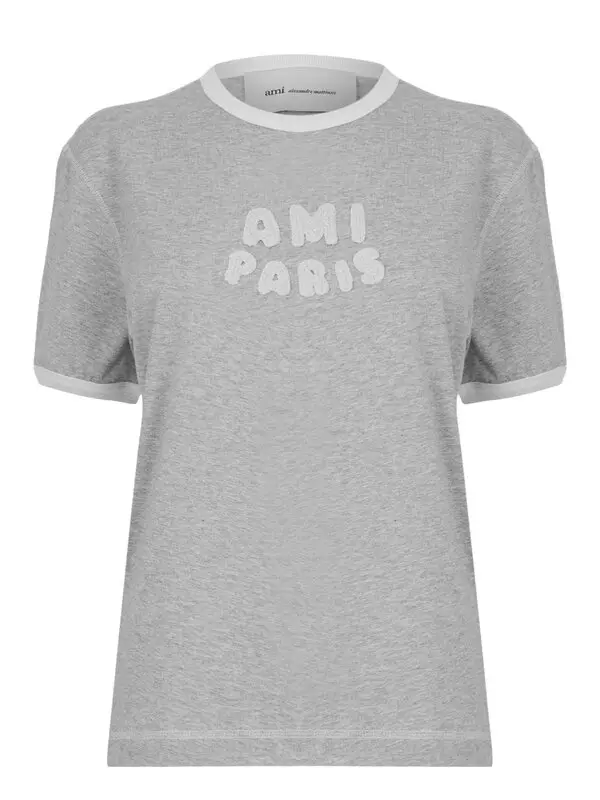 AMI Paris Crewneck T-shirt With Contrast Trim And Raised Graphic - Gray