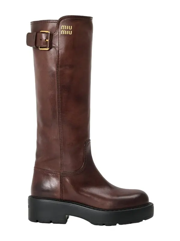 Miu Miu Knee-high Leather Boots With Embossed Logo And Lug Sole - Red