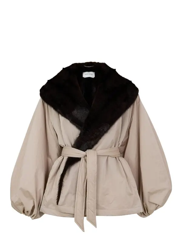 Magda Butrym Beige Wrap Jacket With Fur Trimmed Collar And Balloon Sleeves - Nude