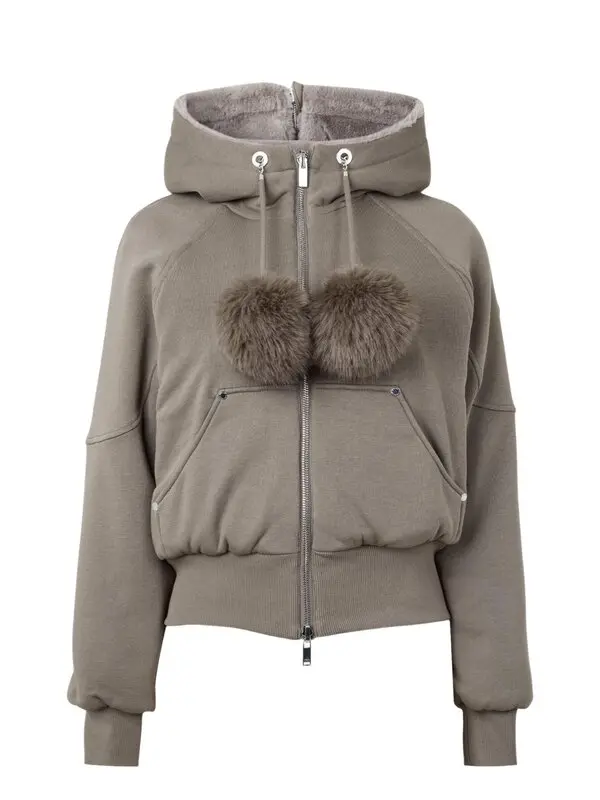 Moose Knuckles Cropped Zip-up Hoodie With Fur Pompoms - Gray