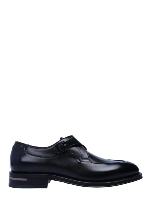Hugo Boss Polished Leather Single Buckle Monk Shoe - Black