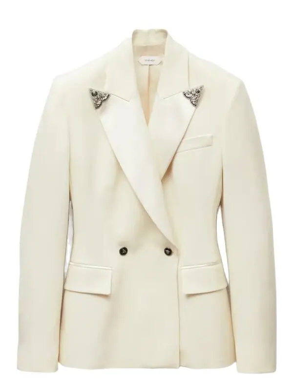 Versace Double-breasted Embroidered Lapel Stretch Wool Blazer - White