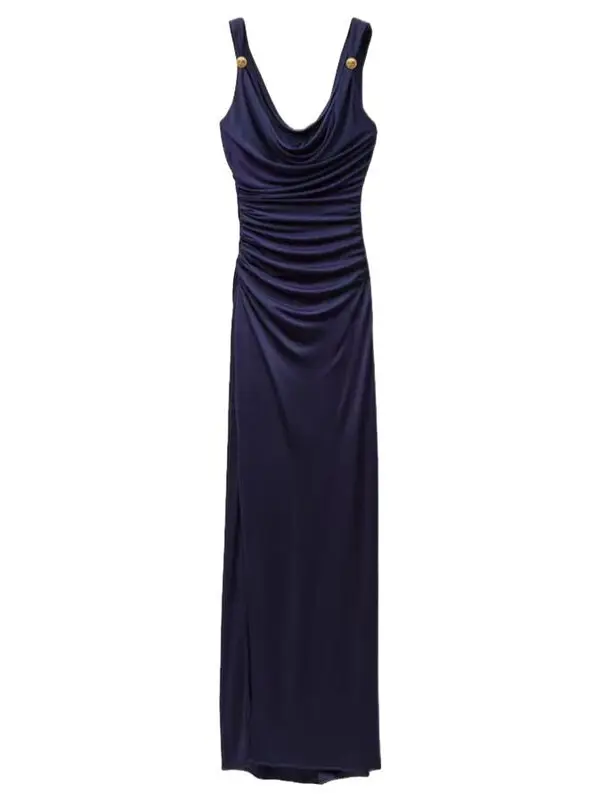 Versace Draped Column Gown With Medusa Accents - Navy