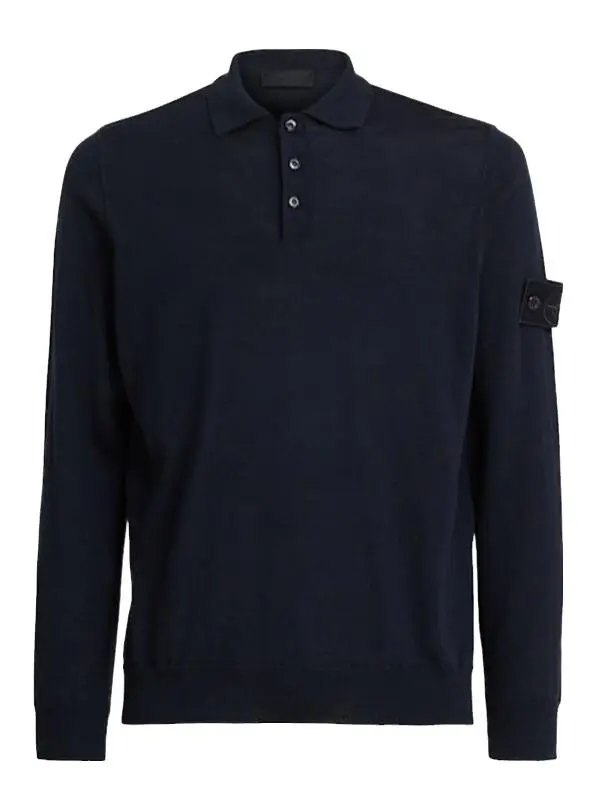 Stone Island Long Sleeve Knit Polo Sweater - Black