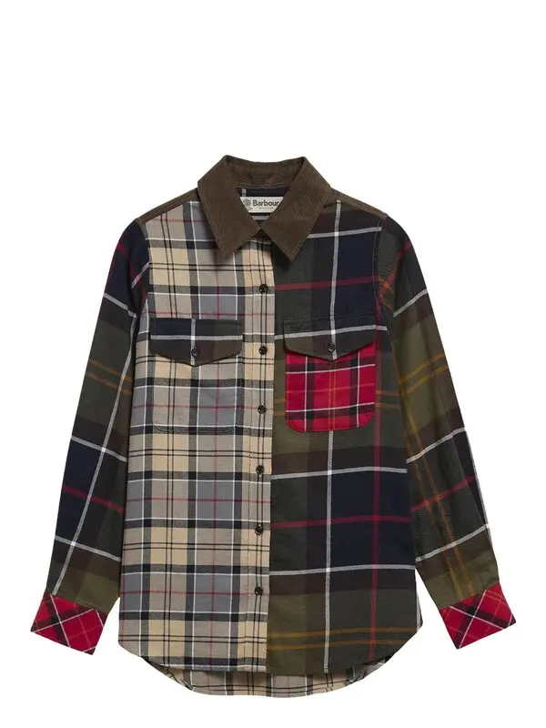 Barbour Patchwork Plaid Flannel Shirt With Corduroy Collar - Black