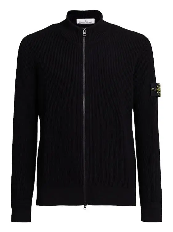 Stone Island Ribbed Knit Zip-up Sweater - Black