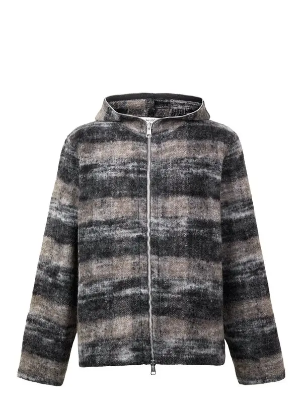 Our Legacy Hooded Full-zip Jacket With Blurred Horizontal Plaid Pattern - Black