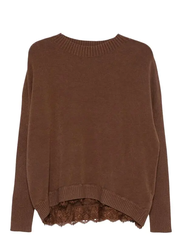 ERMANNO FIRENZE Lace Trim Ribbed Sweater - Brown