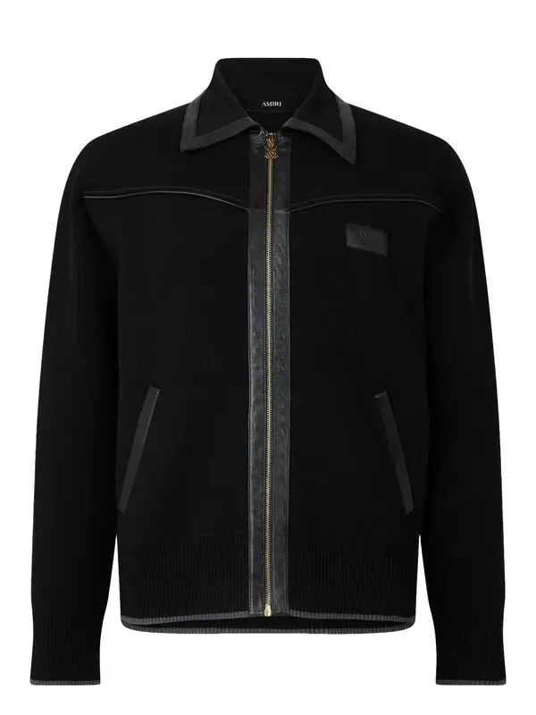 Amiri Zip-up Knit Jacket With Leather Effect Collar - Black