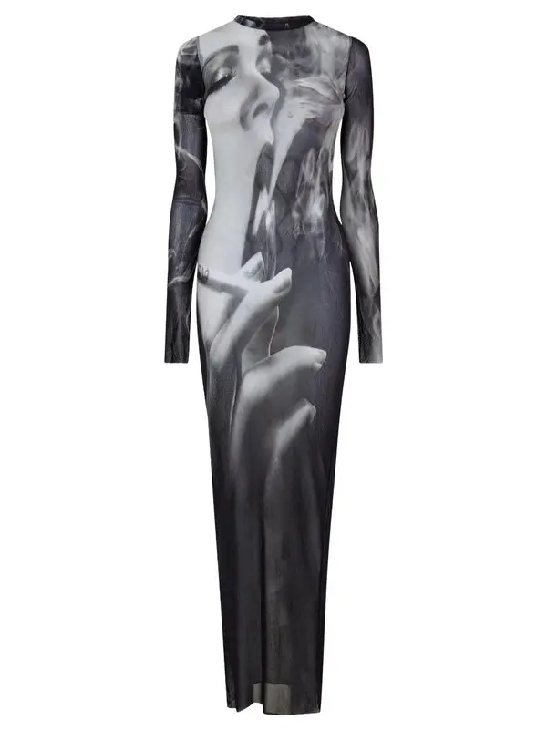 JEAN PAUL GAULTIER Long Sleeve Printed Maxi Dress - Black