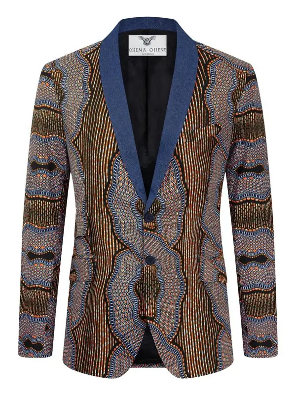 OHEMA OHENE Denim Shawl Collar African Print Blazer - Blue