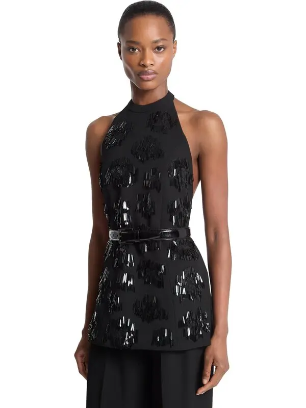 Michael Kors Hand-embroidered Paillette Wool Gabardine Halter Top - Black