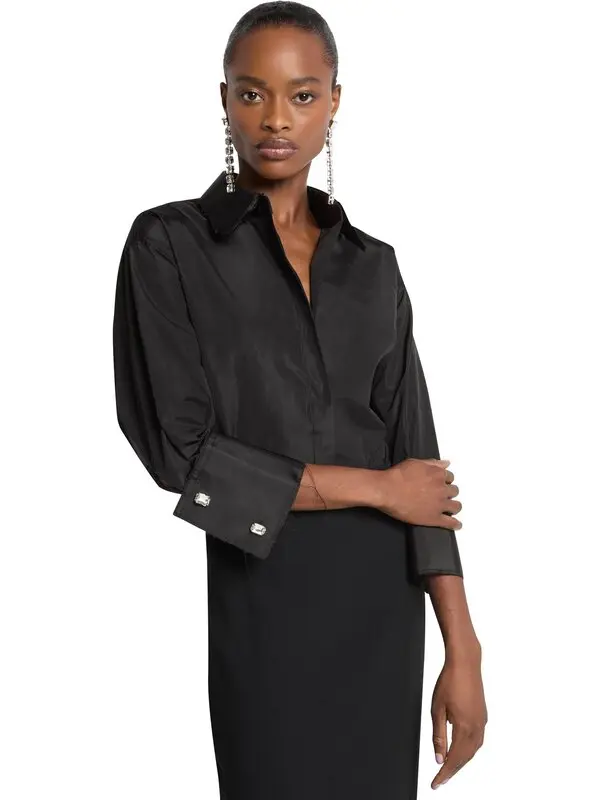 Michael Kors Frayed Trim Silk Taffeta Shirt - Black