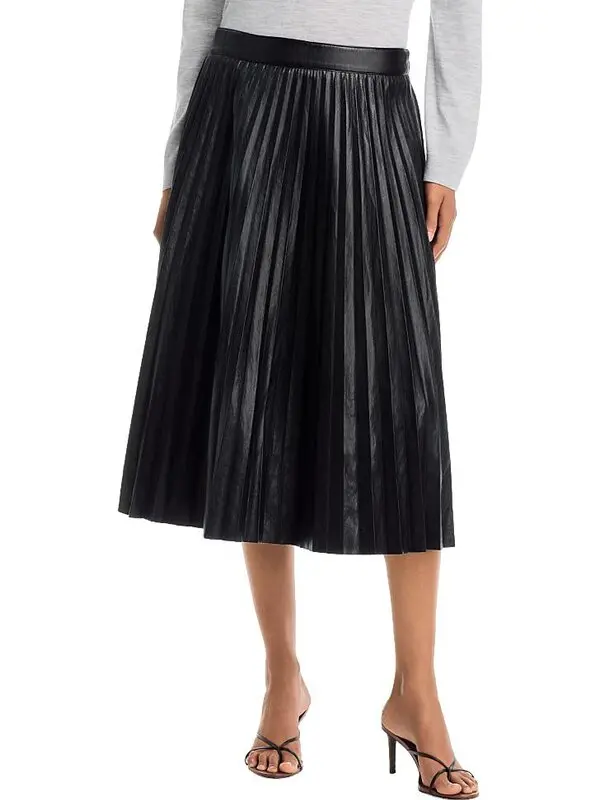 T Tahari Faux Leather Pleated Midi Skirt - Black