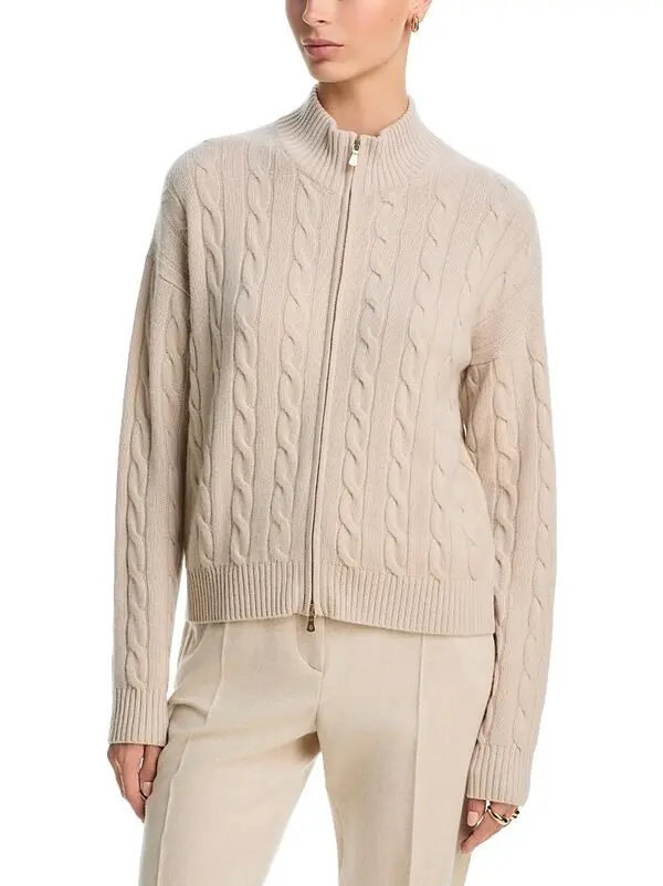 Eleventy Double Zipper Cable Knit Cashmere Sweater - Sand