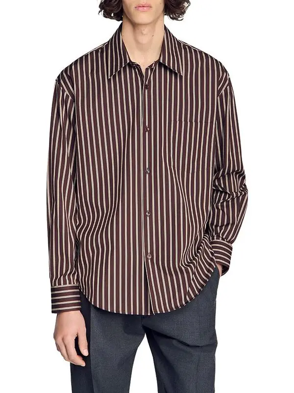 Sandro Flared Fit Stripe Cotton Shirt - Chocolat