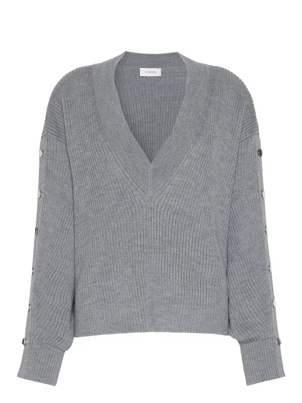 Sportmax Ribbed-knit Plunge Neck Sweater With Button Detailing - Medium Gray