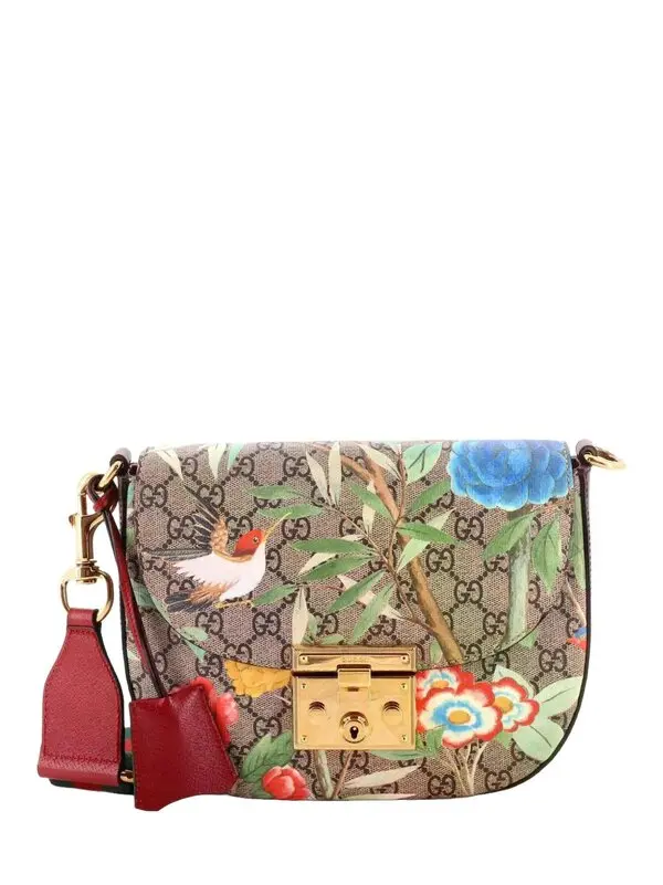 Gucci Padlock Saddle Bag In Tian Print Gg Coated Canvas - Brown