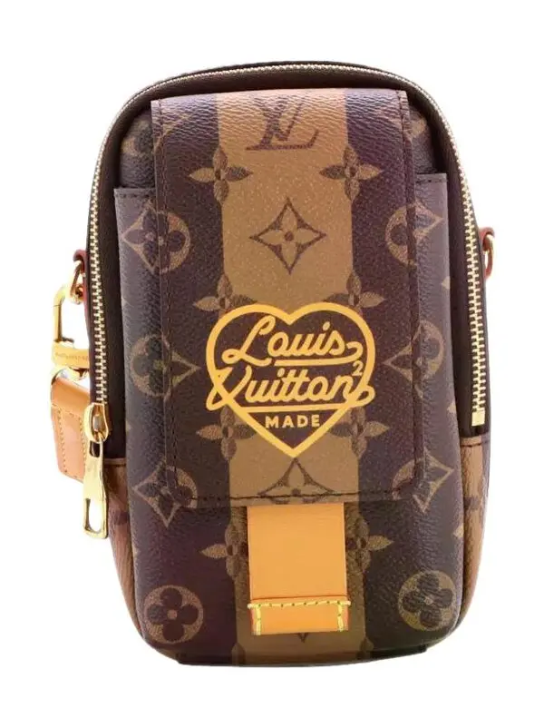 LOUIS VUITTON Nigo Flap Double Phone Pouch Limited Edition Stripes Monogram Canvas Crossbody Bag - Brown