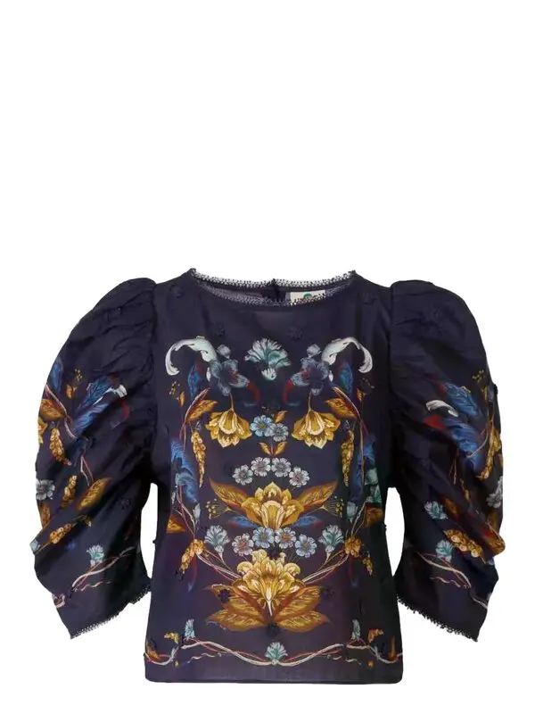 Farm Rio Golden Nature Puff Sleeve Top - Blue