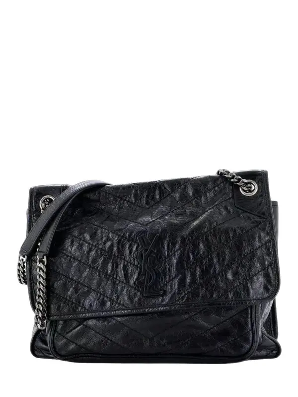 Saint Laurent Niki Chain Flap Bag Matelasse Chevron Leather Large Shoulder Bag - Black