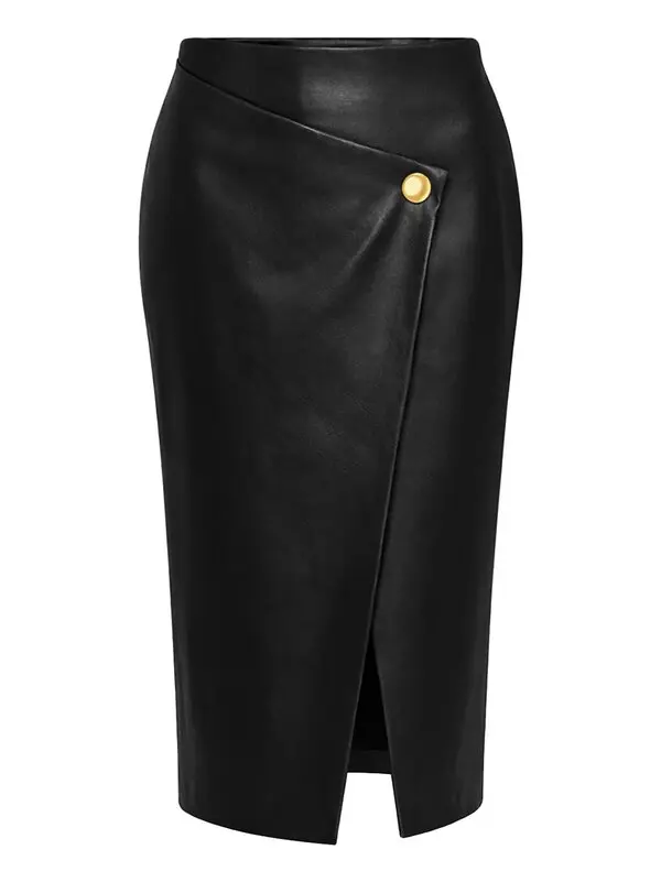 ZETAYE Riva Faux Leather Wrap Skirt With Gold Button Detail - Black