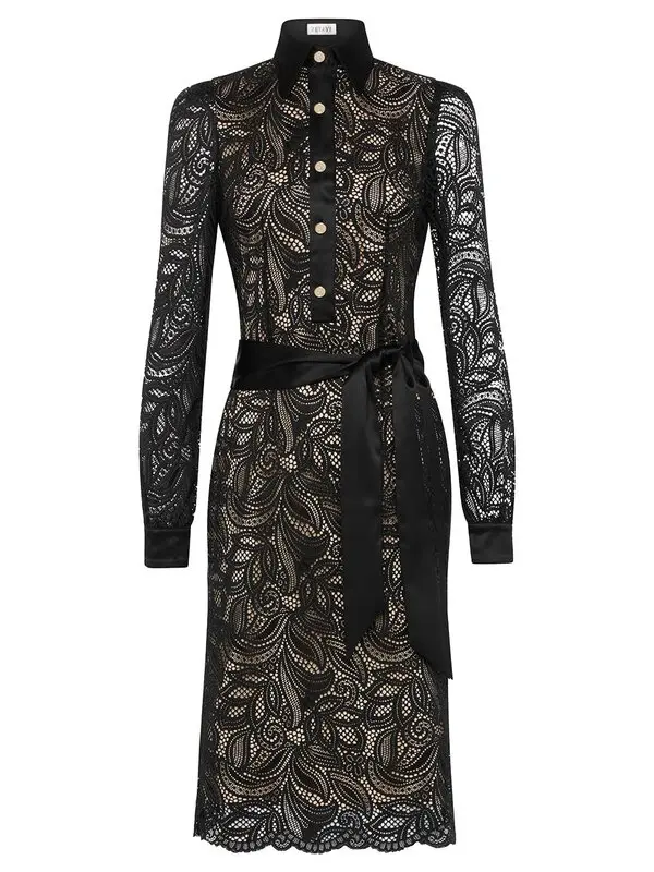 ZETAYE Lyric Lace Midi Shirt Dress With Satin Details - Black