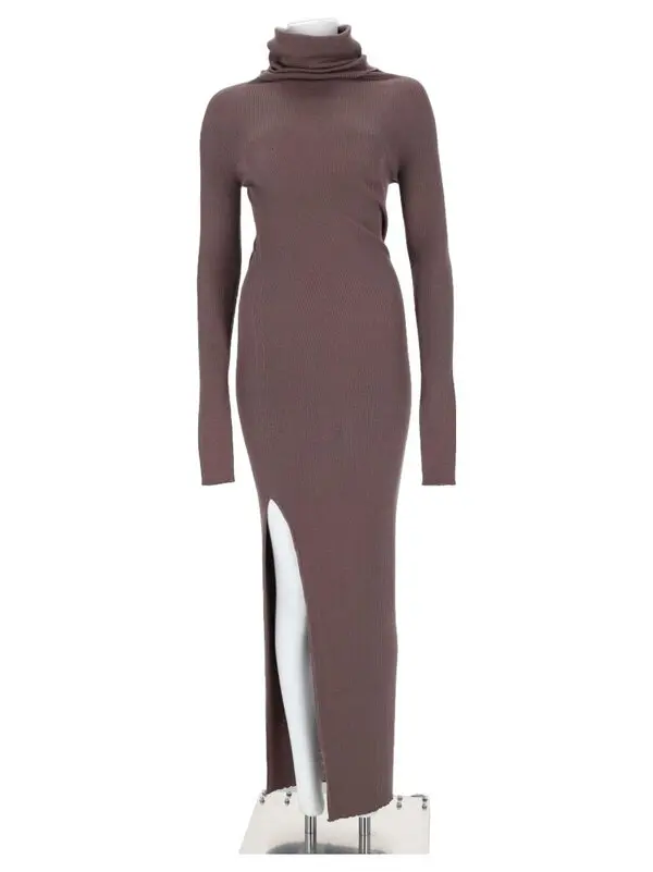 Rick Owens Ribbed Wool Turtleneck Gown With Side Slit - Pink
