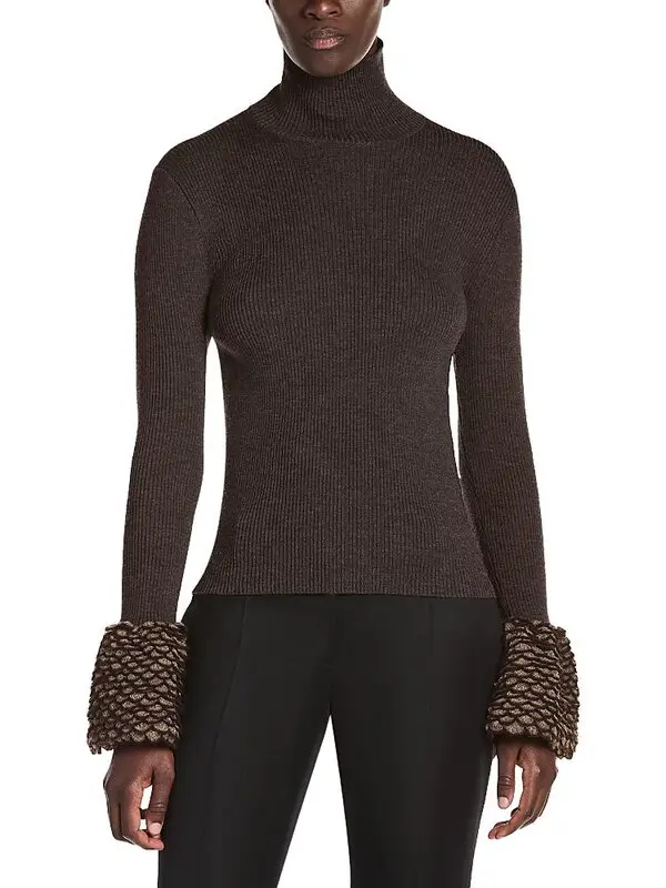 Alexander McQueen Wool Ribbed Turtleneck Sweater With Feathered Cuffs - Brown