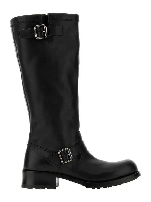 Prada Leather Boots With Buckled Straps - Black