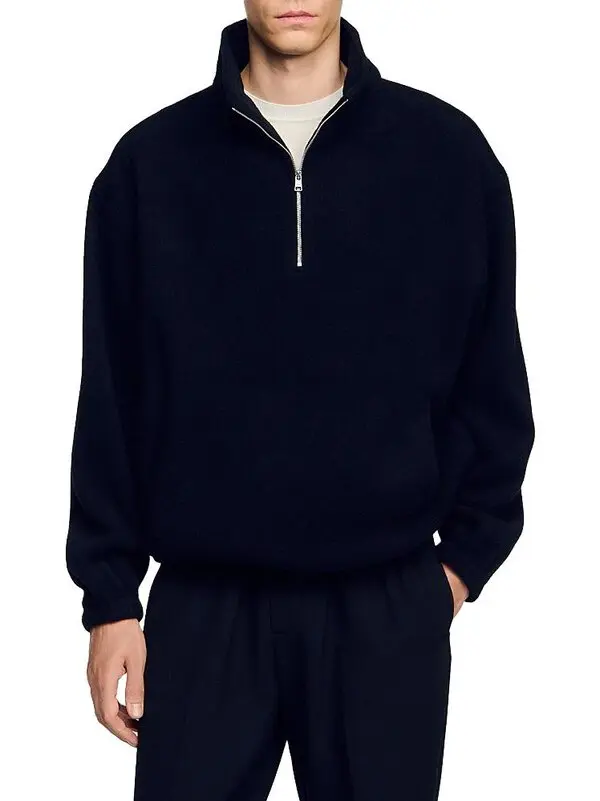 Sandro Stand Collar Half Zip Fleece Sweatshirt - Black