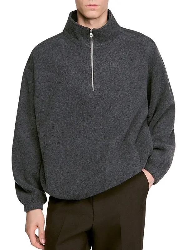 Sandro Stand Collar Half Zip Fleece Sweatshirt - Dark Grey