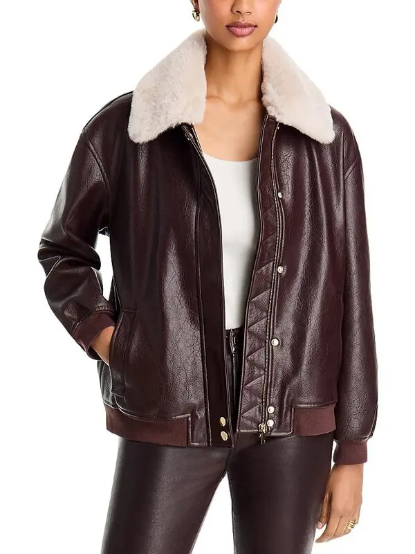Generation Love Allison Faux Fur Trimmed Faux Leather Bomber Jacket - Espresso/cream