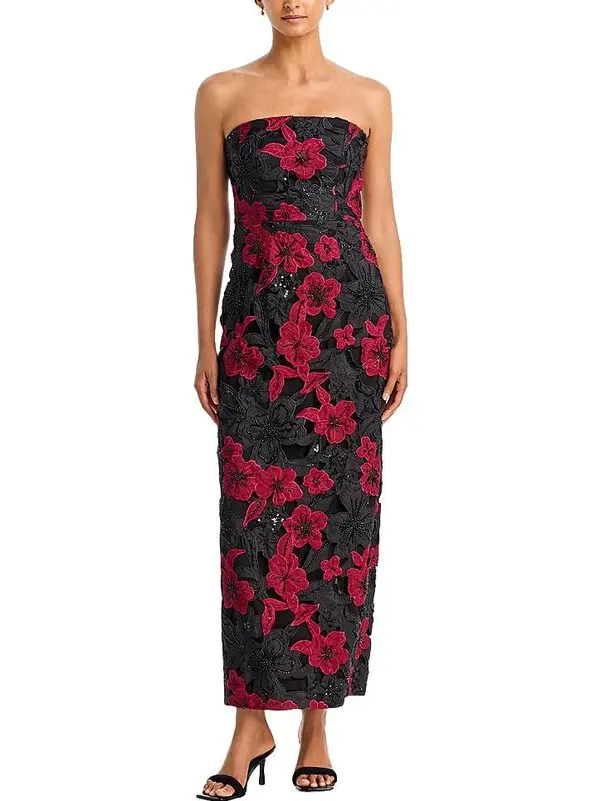 MILLY Orion Embellished Strapless Lace Gown - Black/red