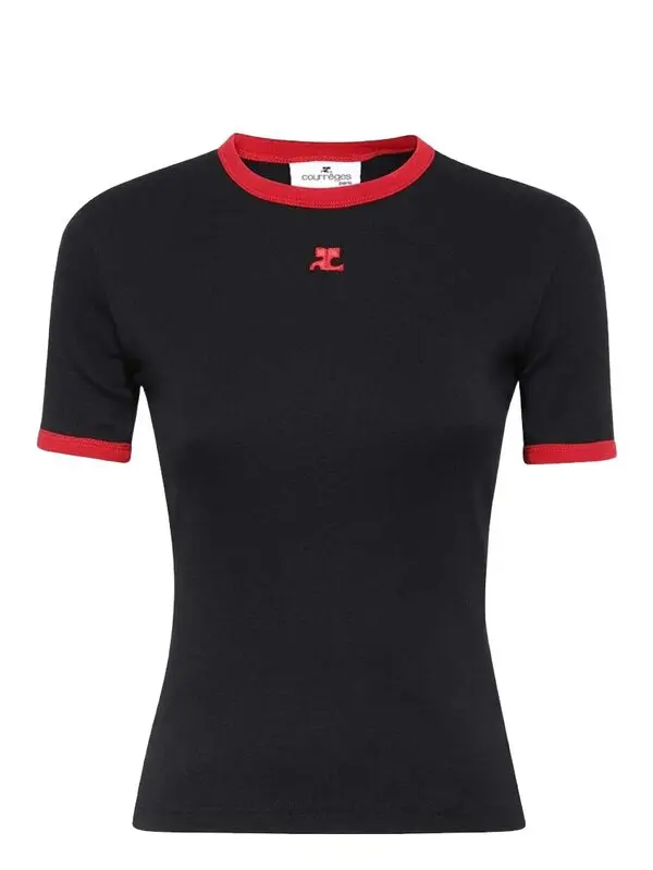 COURREGES Logo Embroidered Contrast Trim T-shirt - Black