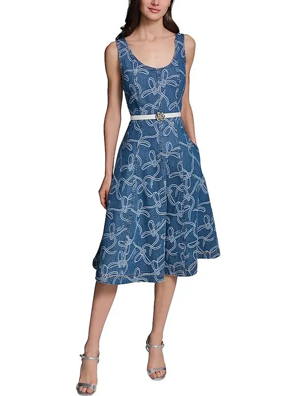 Karl Lagerfeld Paris Printed Denim Midi Dress With Belt - Medium Indigo