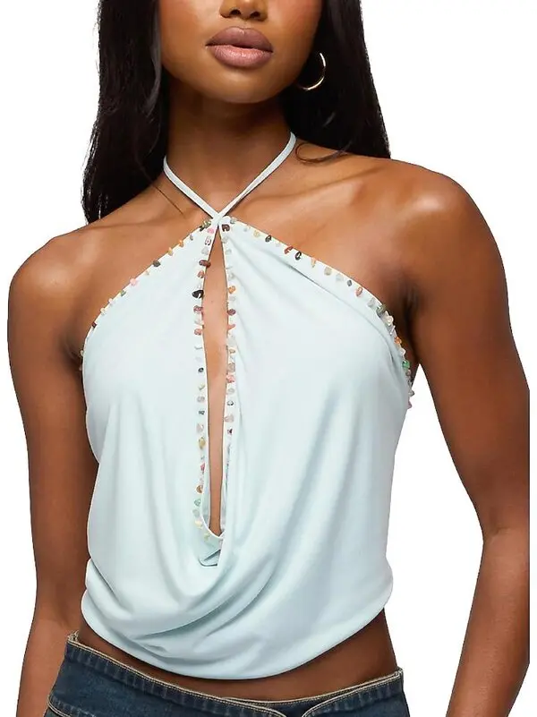 EDIKTED Stone Embellished Halter Top - Aqua
