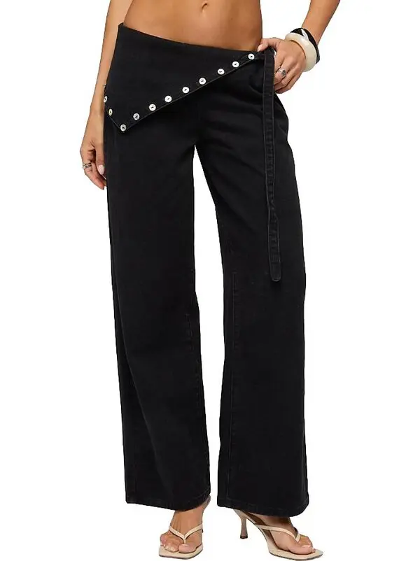 EDIKTED Button Foldover Low Rise Baggy Jeans - Denim-black