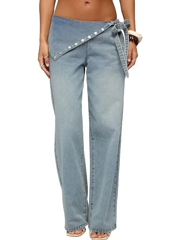 EDIKTED Button Foldover Low Rise Baggy Jeans - Light-blue