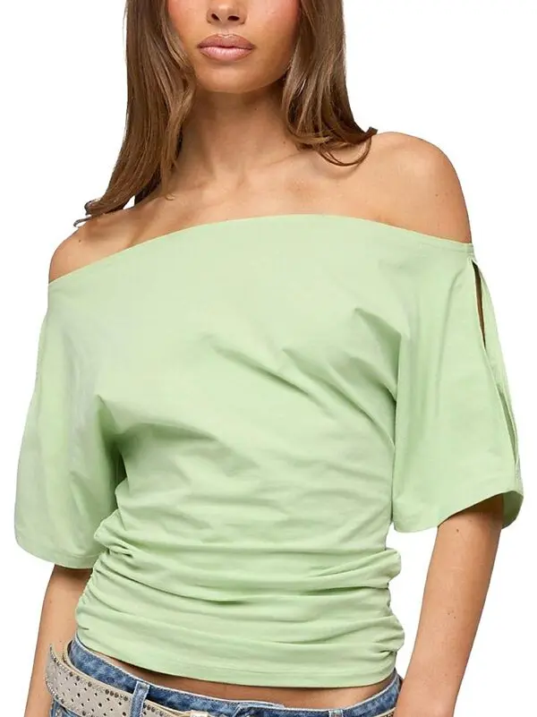 EDIKTED Feng Ruched Off Shoulder Cutout Top - Sage