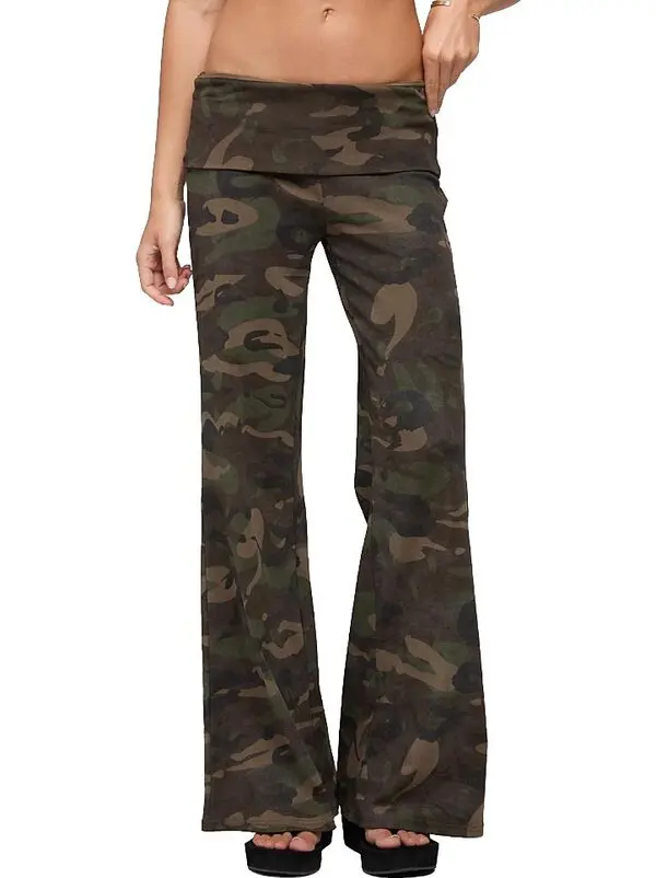 EDIKTED Camouflage Wide Leg Foldover Pants - Olive